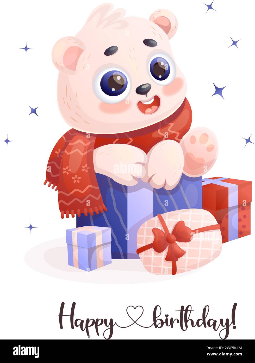 Happy polar bear cub with gift boxes. Greeting card Happy birthday ...