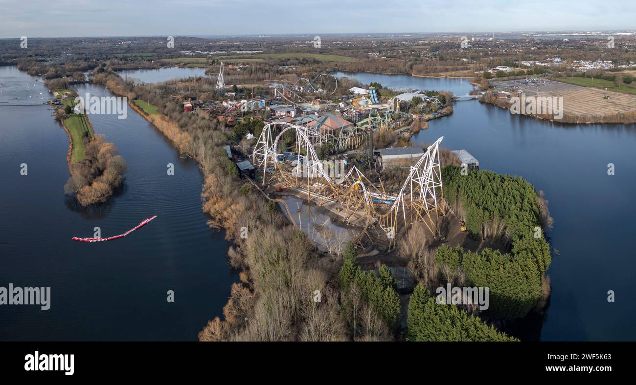 Aerial view of Thorpe Park in Thorpe, Surrey in January 2024 while the ...