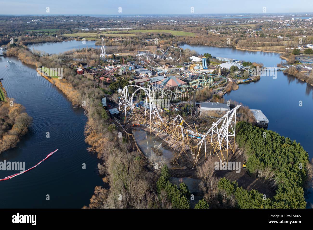 Aerial view of Thorpe Park in Thorpe, Surrey in January 2024 while the ...