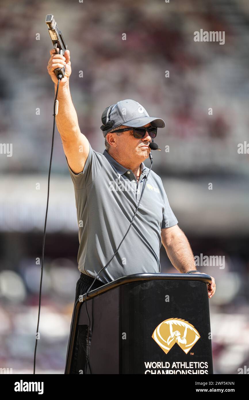 Athletics judge giving the start with the gun at the World Athletics ...