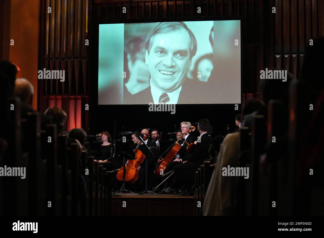 Ottawa, Canada. 28th Jan, 2024. Images of Ed Broadbent are shown on ...