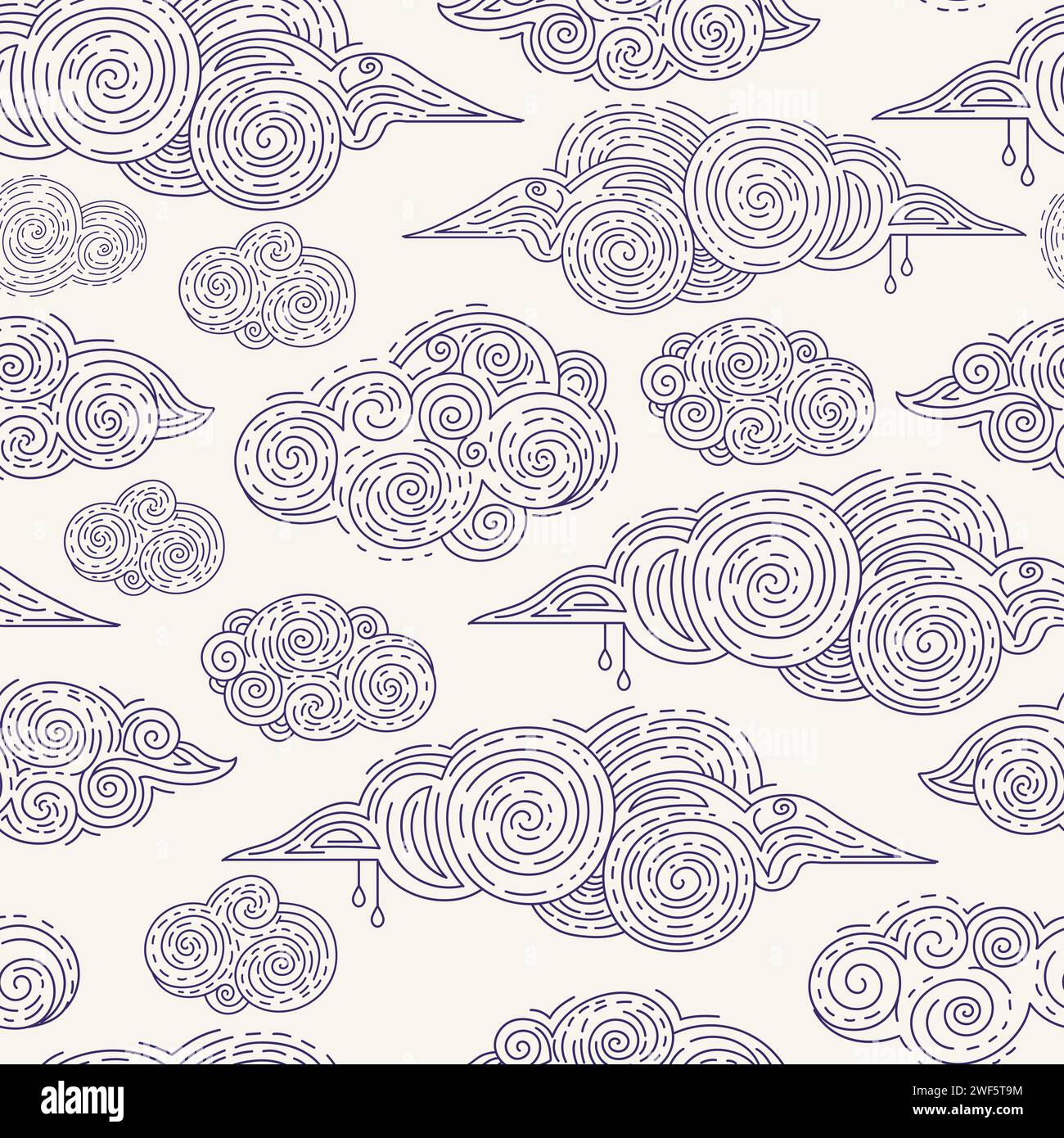 Magic seamless pattern with outline vintage hand drawing clouds on a white background. Vector ...