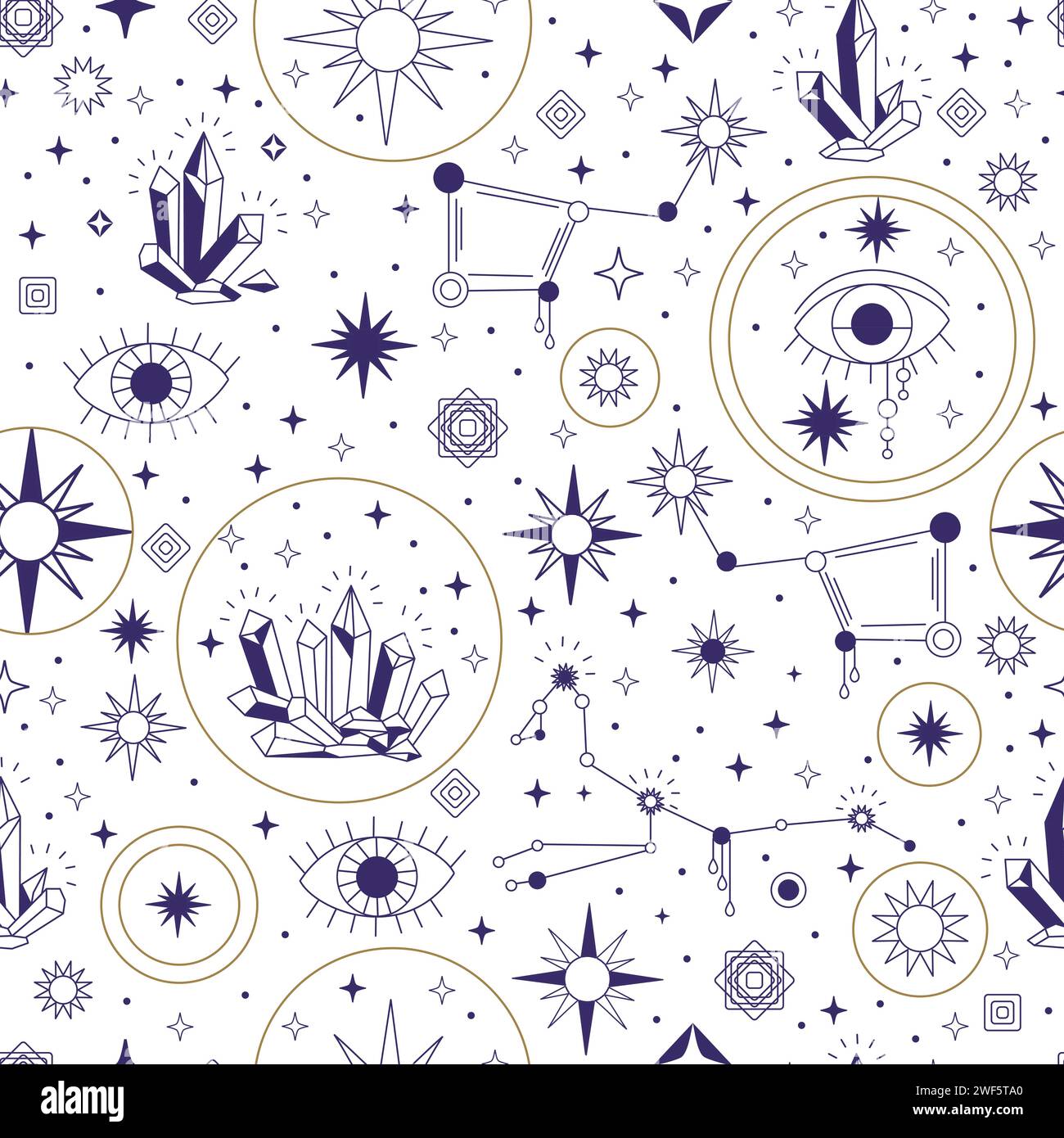 Magic seamless pattern with constellations, magic eyes, crystal and ...