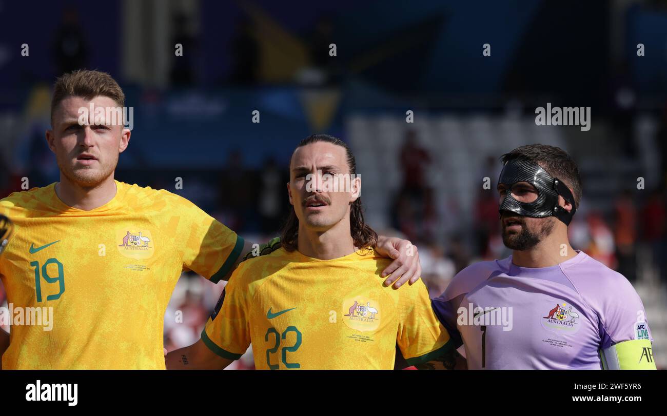 DOHA, QATAR - JANUARY 28: Harry Souttar, Jackson Irvine and Mathew Ryan ...