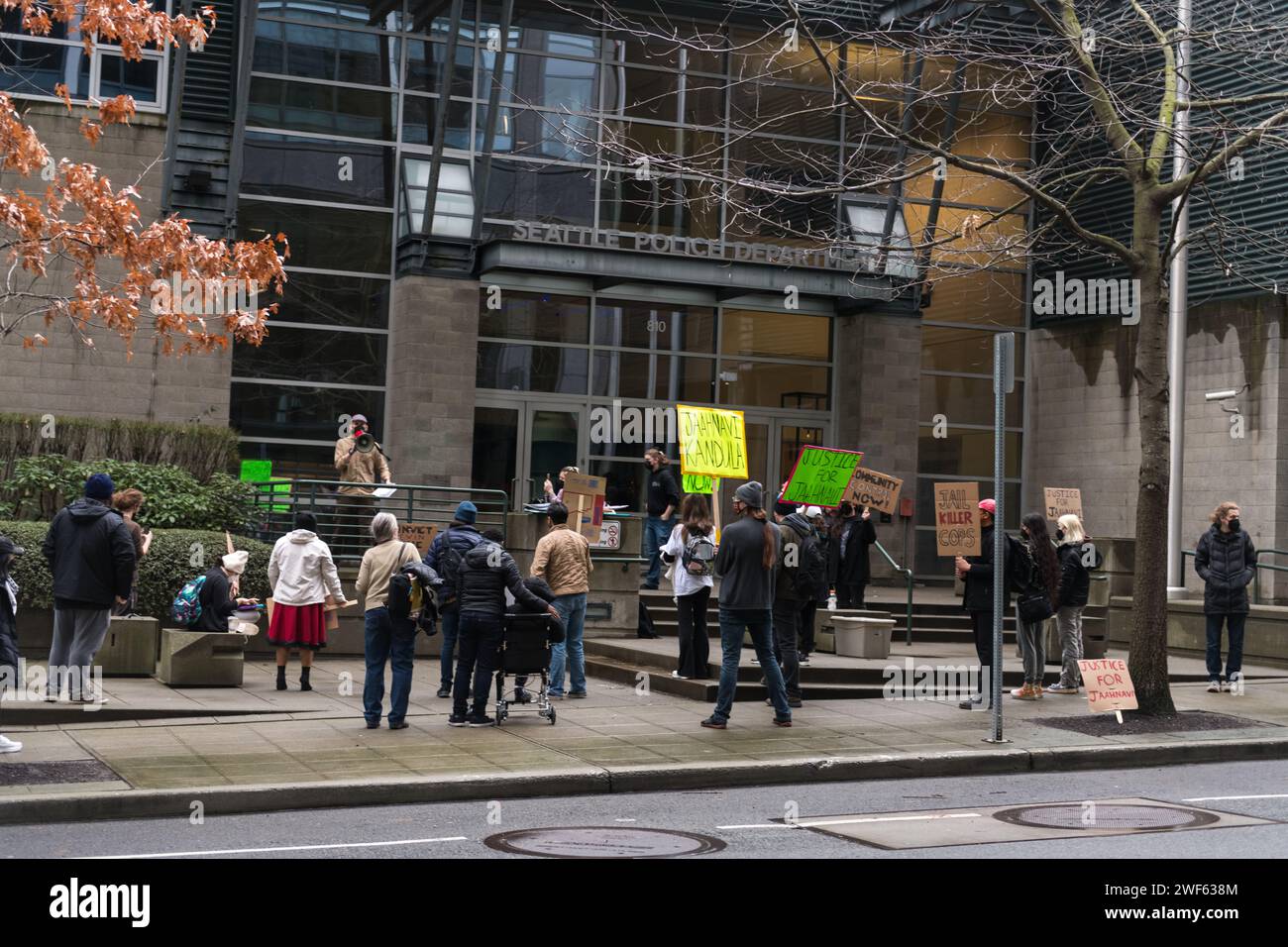 Seattle, USA. 28th Jan 2024 Protestors gather outside the Seattle ...