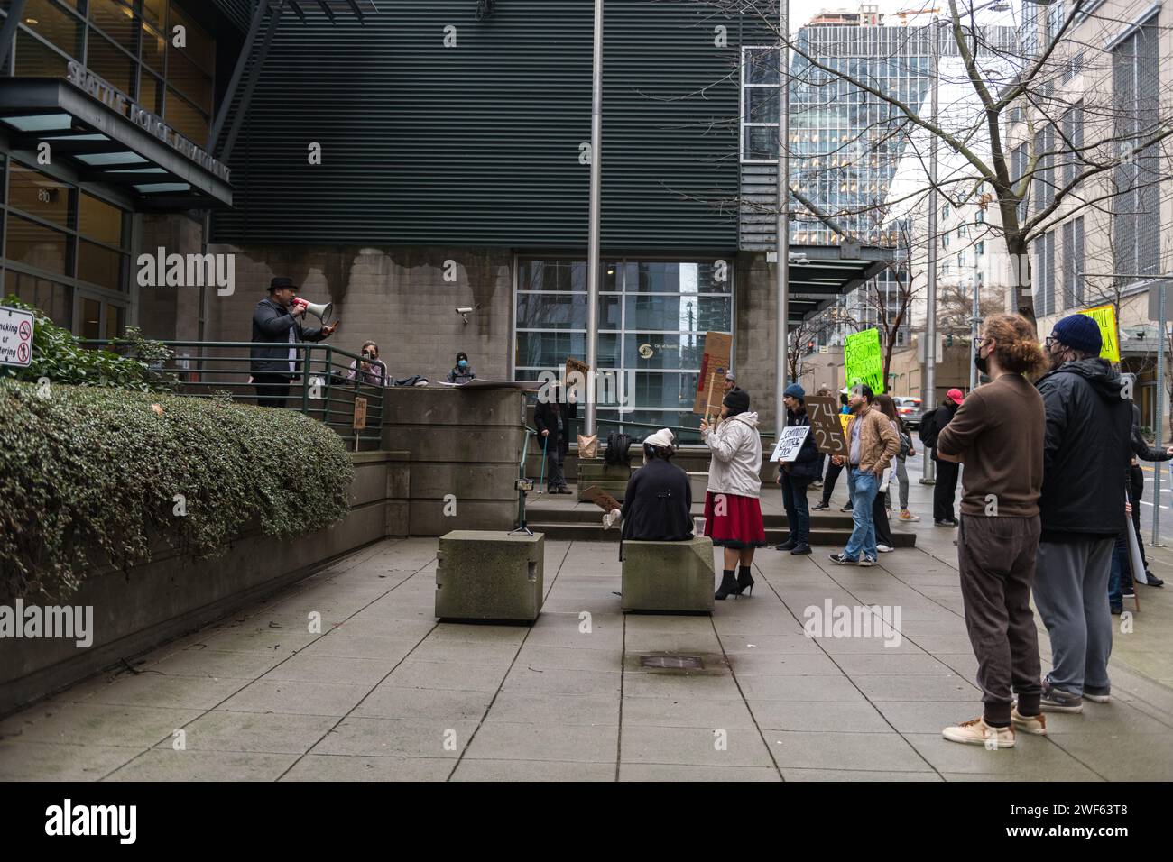 Seattle, USA. 28th Jan 2024 Protestors gather outside the Seattle ...