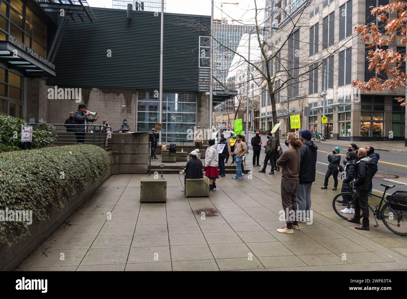 Seattle, USA. 28th Jan 2023 Protestors gather outside the Seattle ...