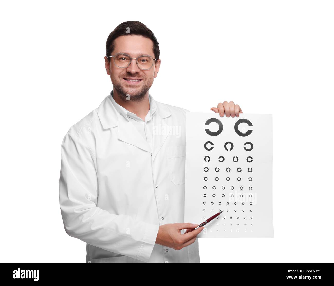 Ophthalmologist pointing at vision test chart on white background Stock ...