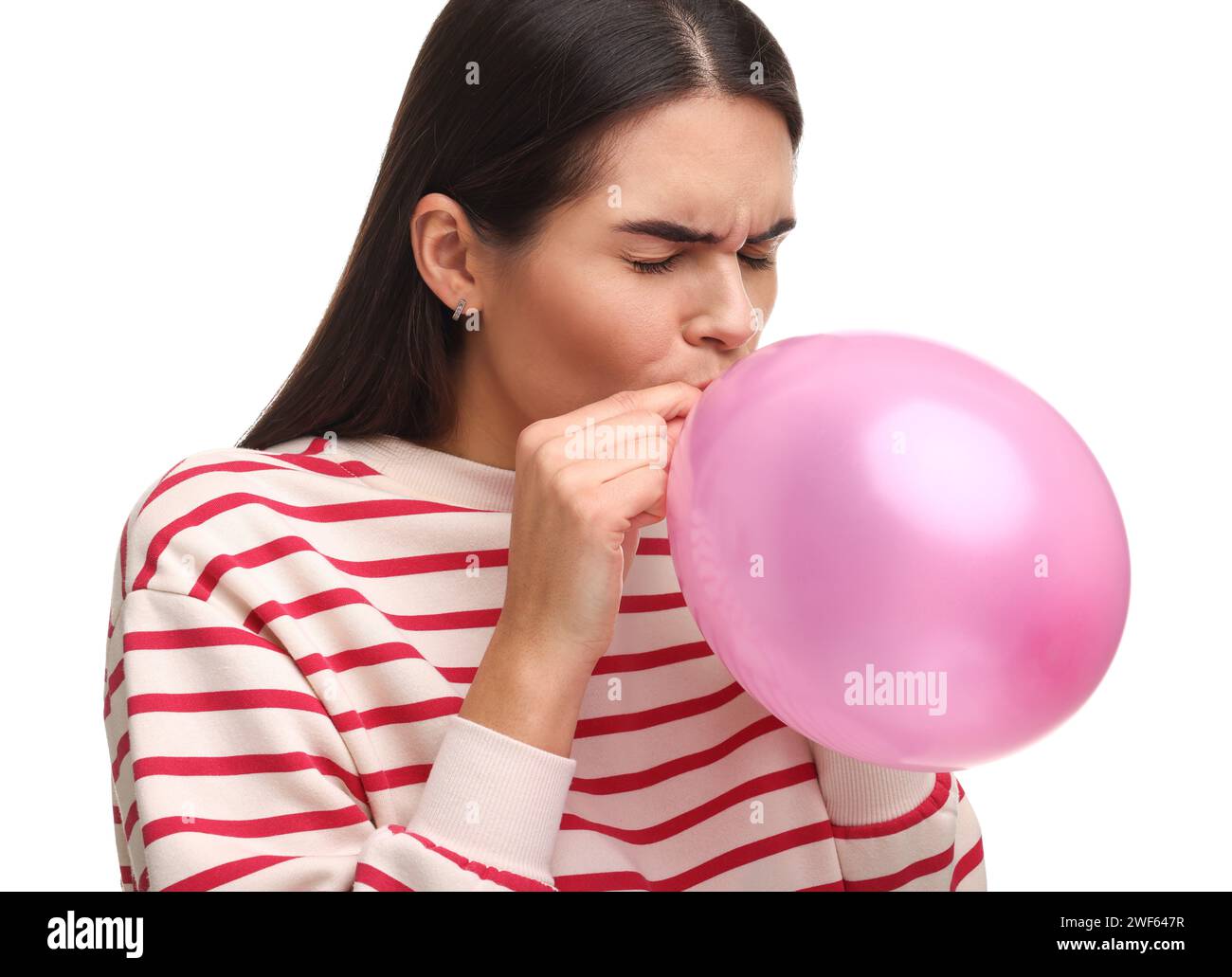 Woman inflating pink balloon on white background Stock Photo - Alamy