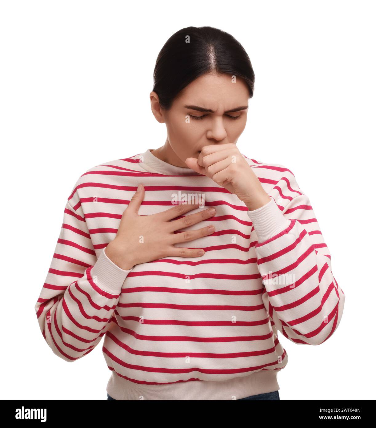 Woman coughing on white background. Cold symptoms Stock Photo - Alamy