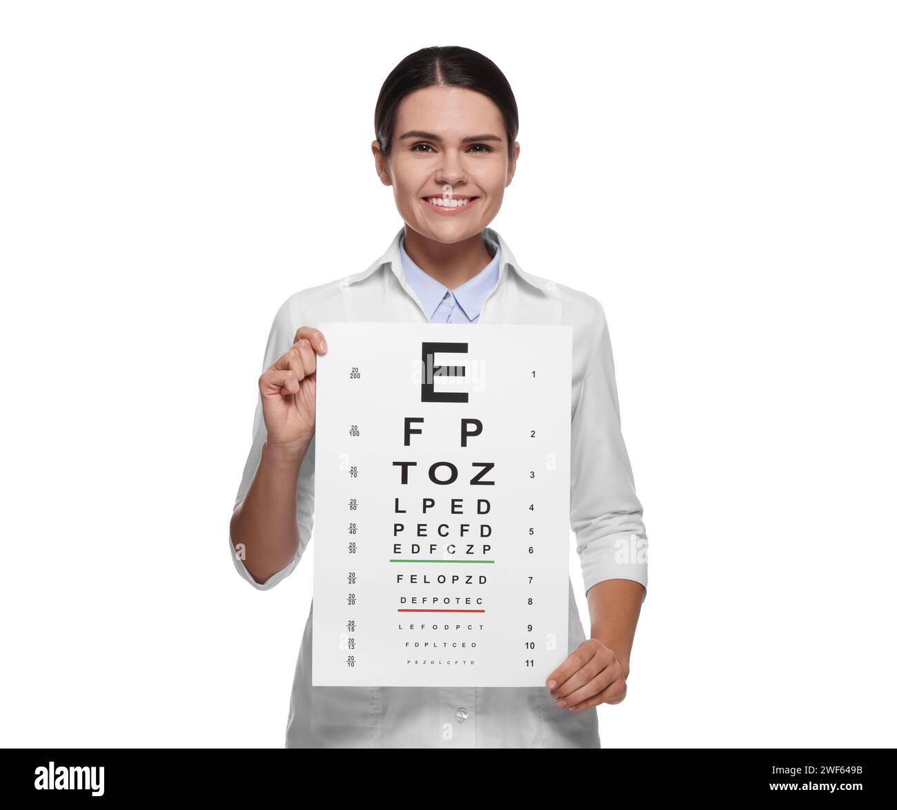 Ophthalmologist with vision test chart on white background Stock Photo ...