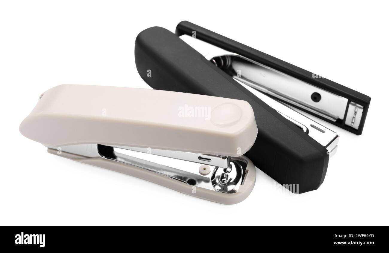 Two new plastic staplers isolated on white Stock Photo - Alamy