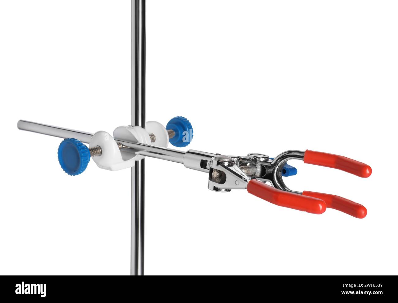 Retort stand with clamp isolated on white Stock Photo - Alamy