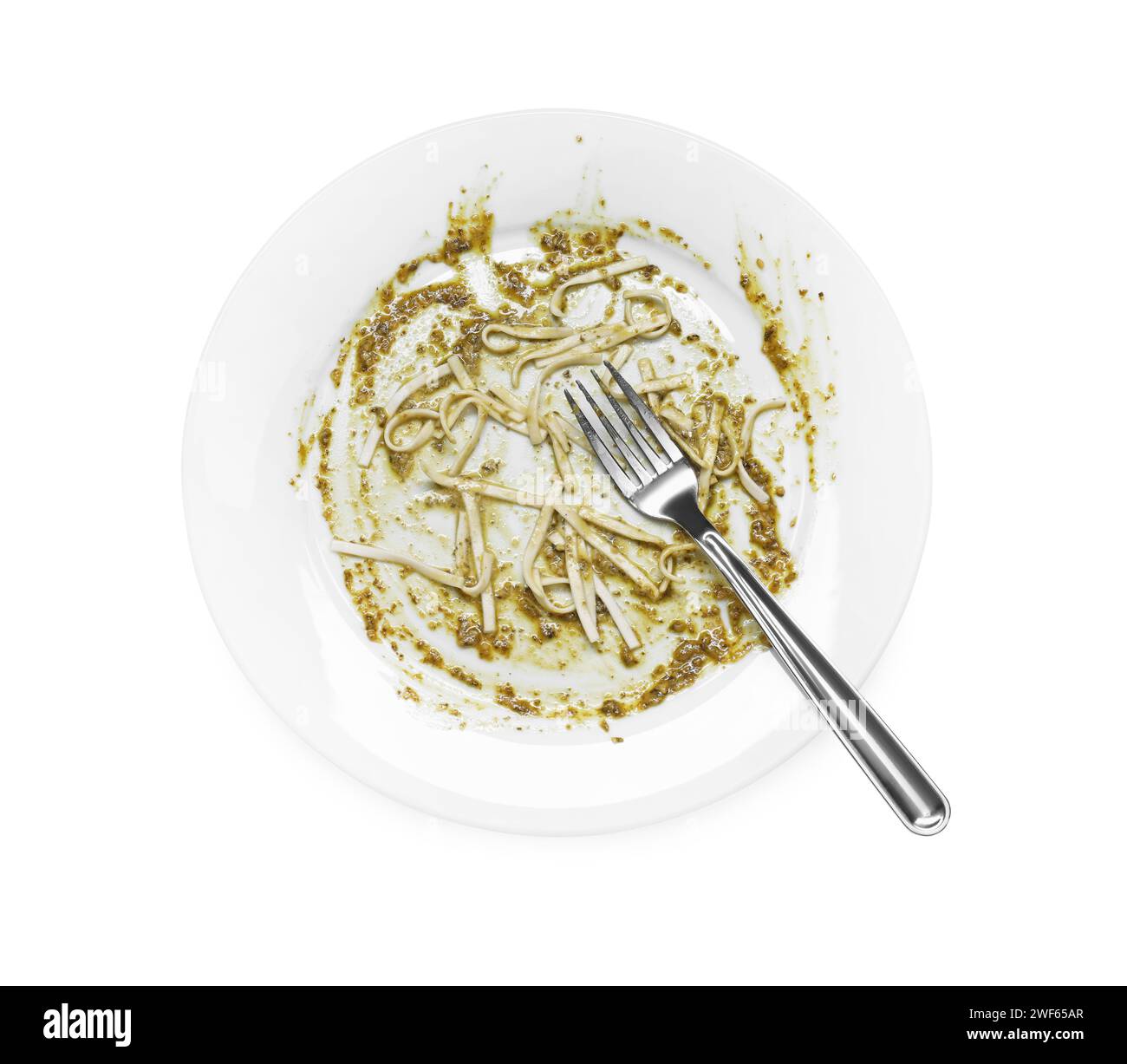 Dirty plate and fork on white background, top view Stock Photo - Alamy