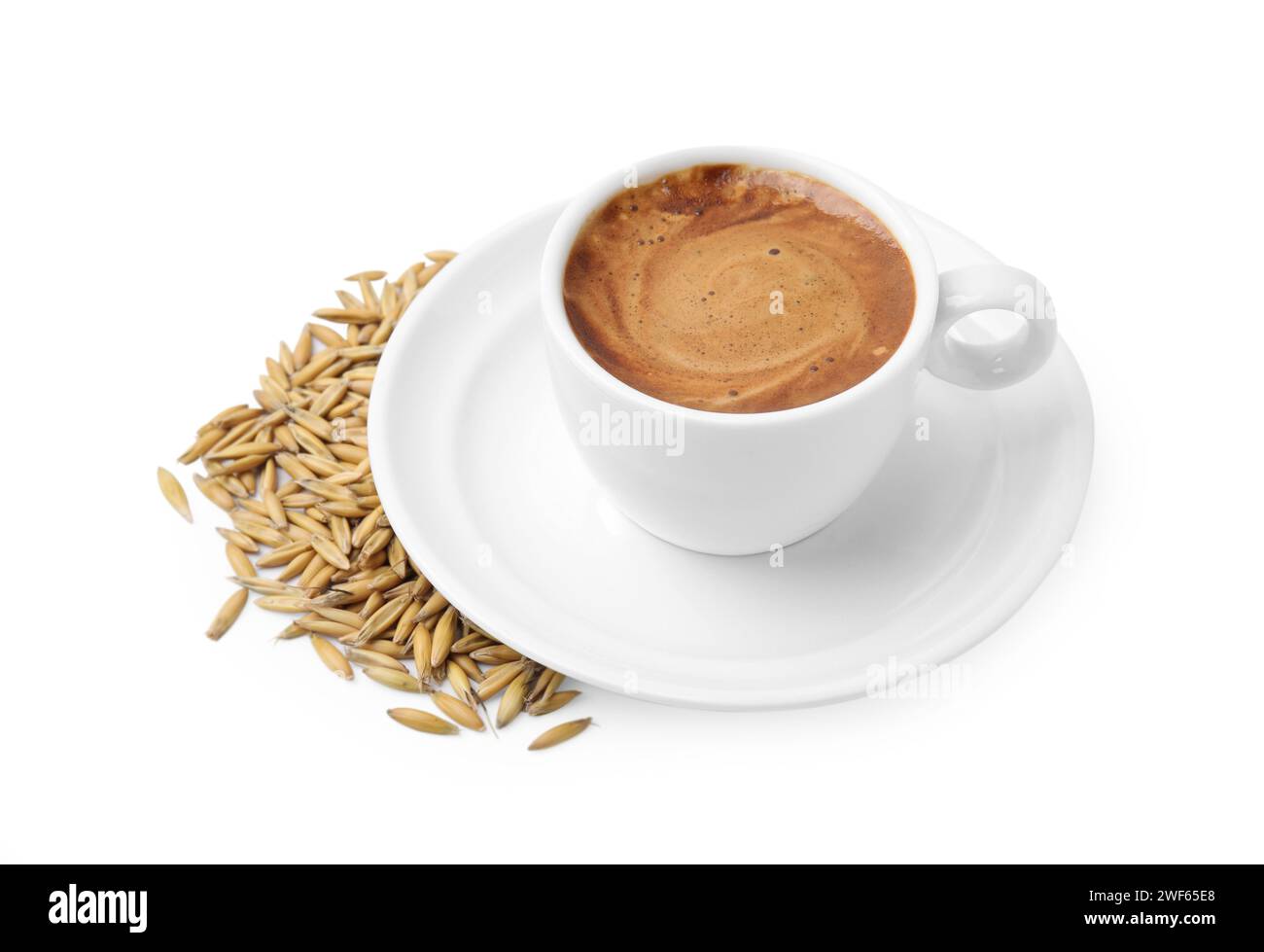 Cup of barley coffee and grains isolated on white Stock Photo - Alamy