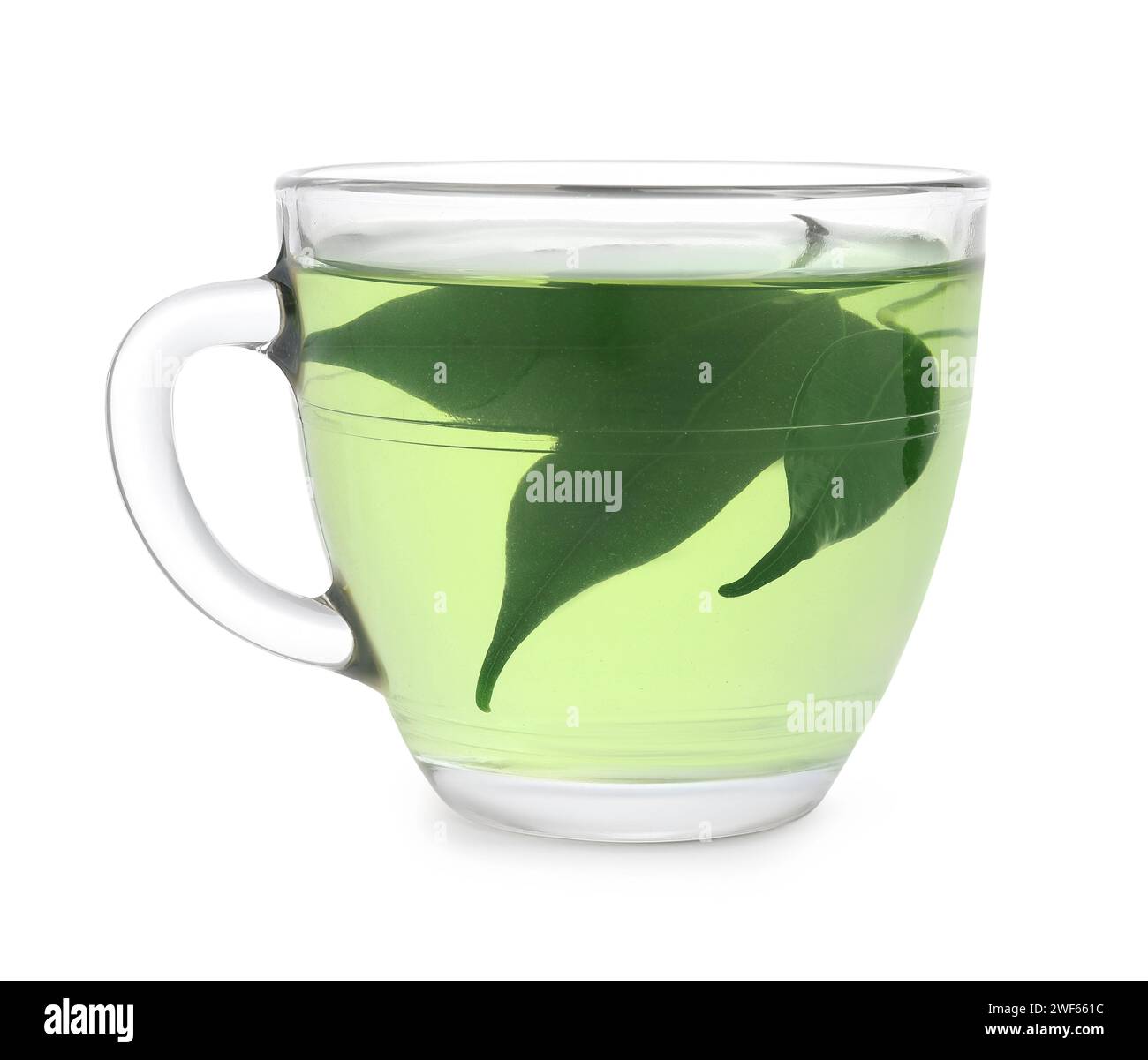 Fresh green tea in glass cup and leaves isolated on white Stock Photo ...