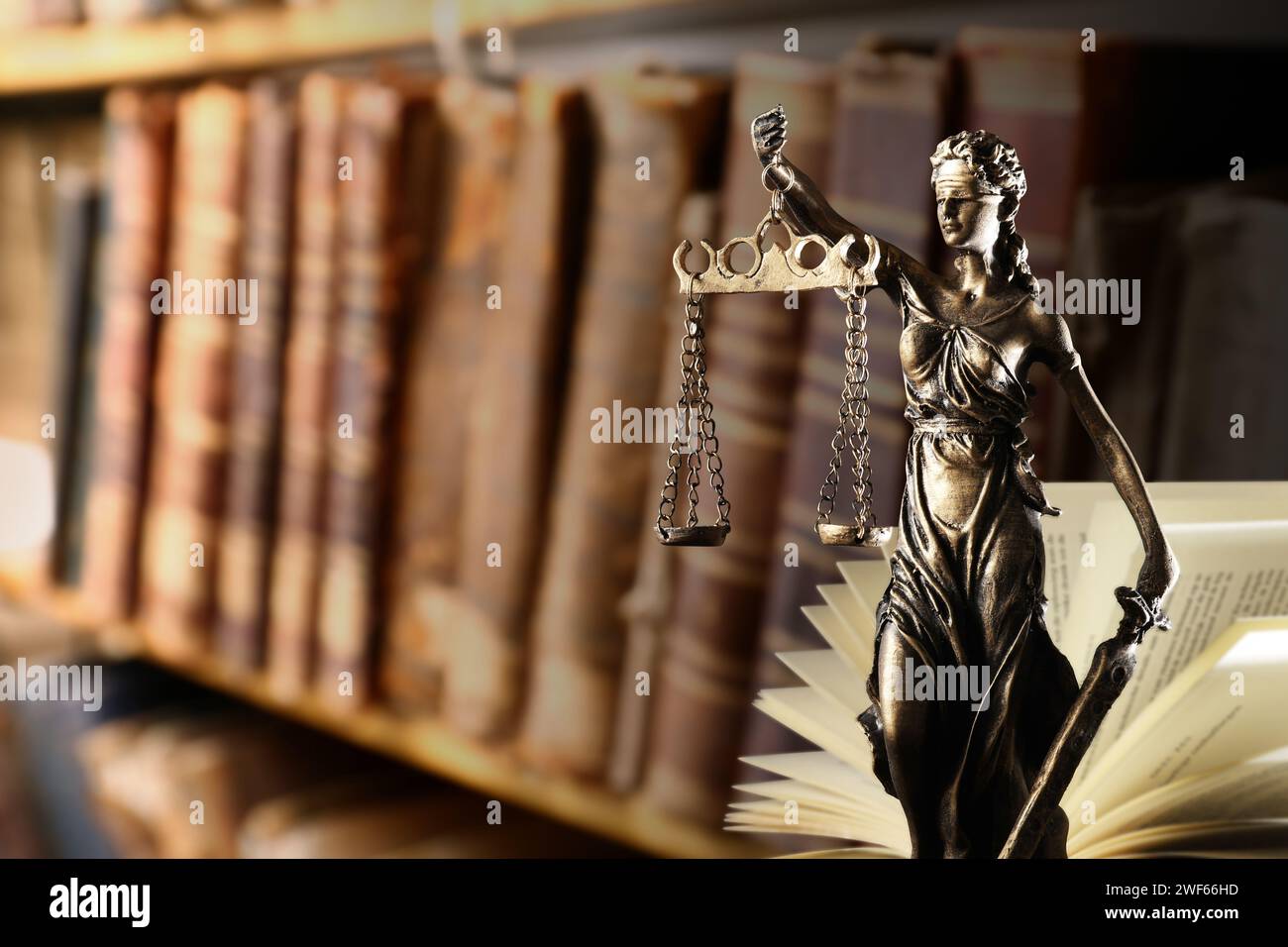 Law. Statue of Lady Justice near shelf with books indoors, space for ...