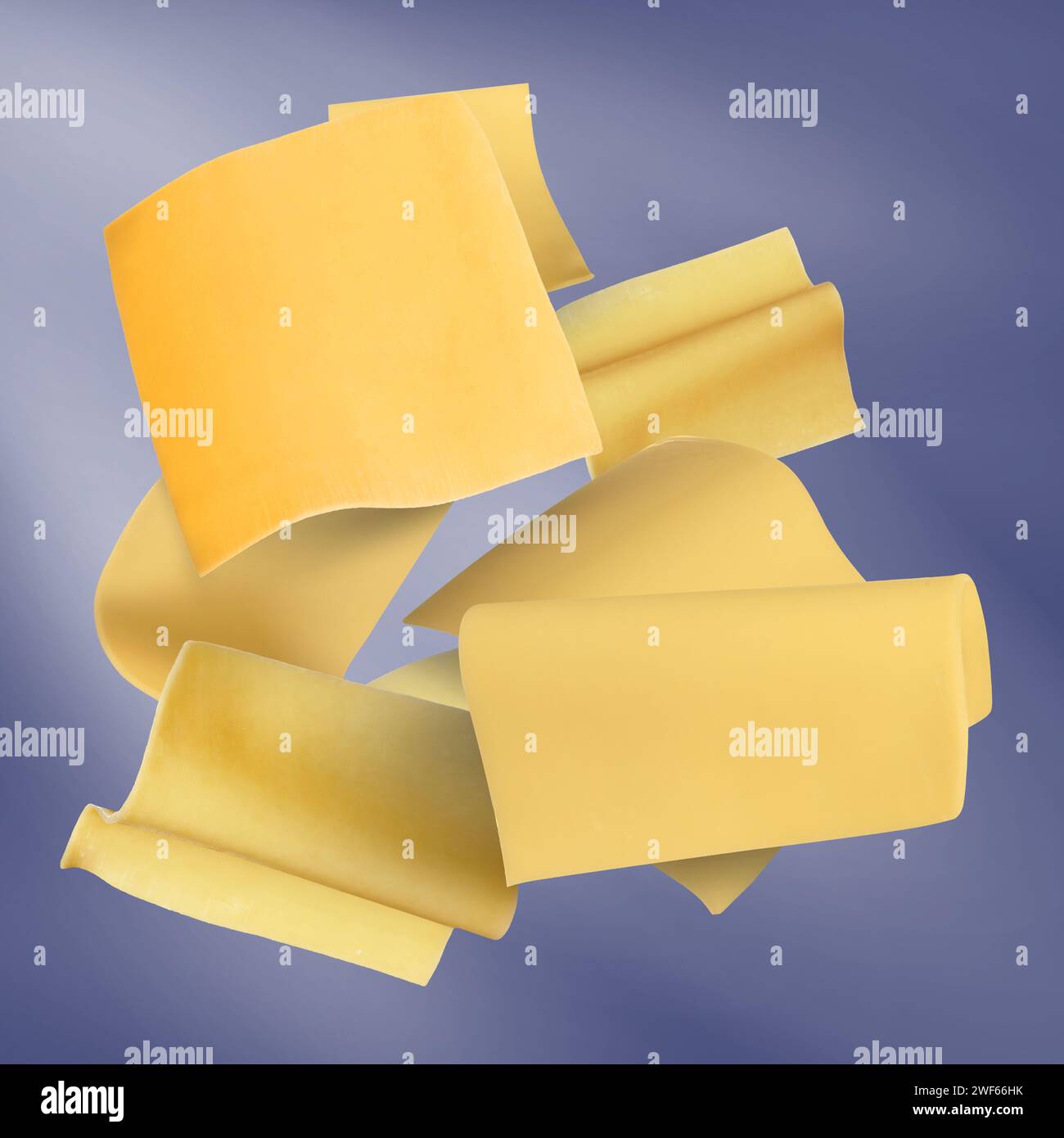 Slices of tasty cheese falling on purple background Stock Photo - Alamy