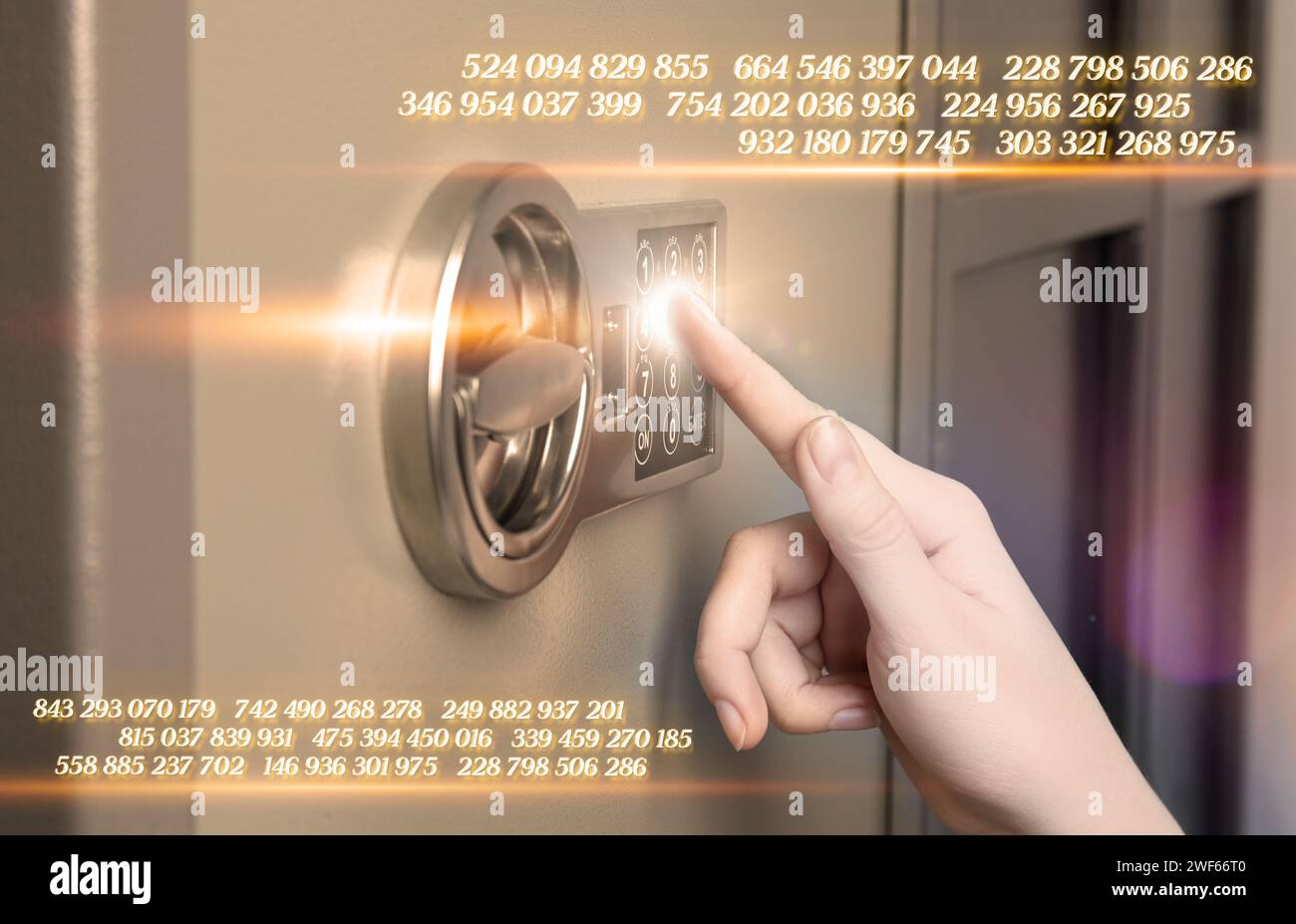Woman pressing buttons on keypad to lock steel safe, closeup. Numbers symbolizing variations of ...