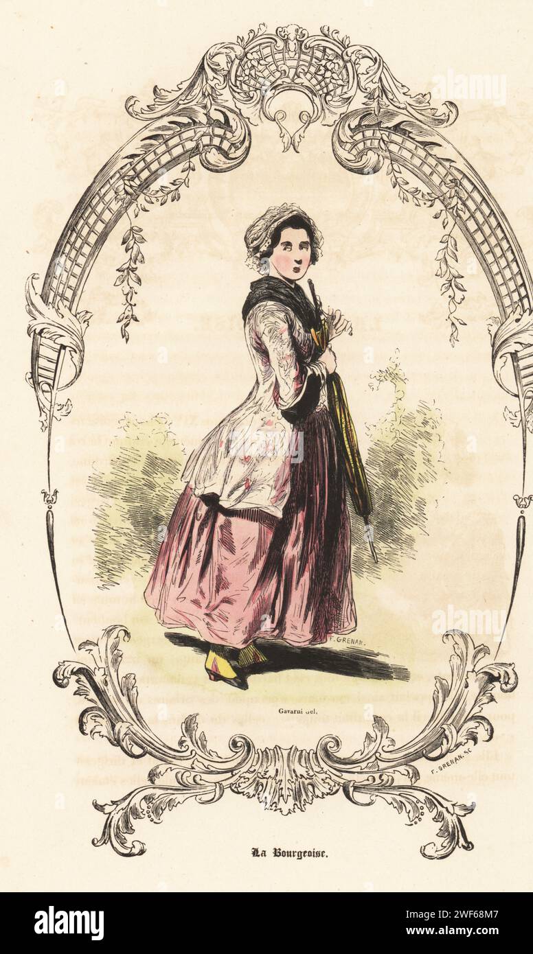 Costume of a bourgeois woman, France, 18th century. In bonnet, fichu ...