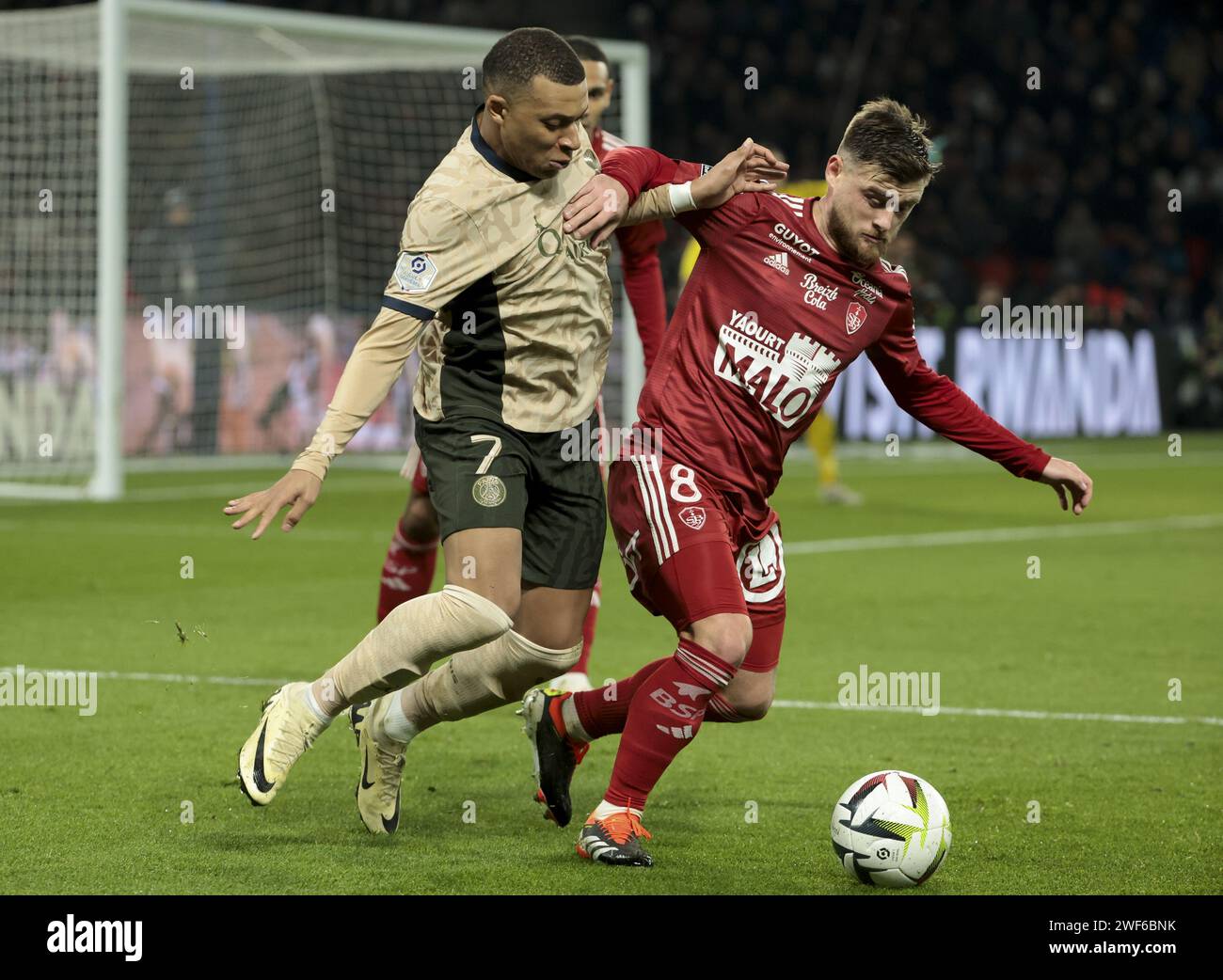 Kylian Mbappe of PSG, Hugo Magnetti of Brest during the French ...