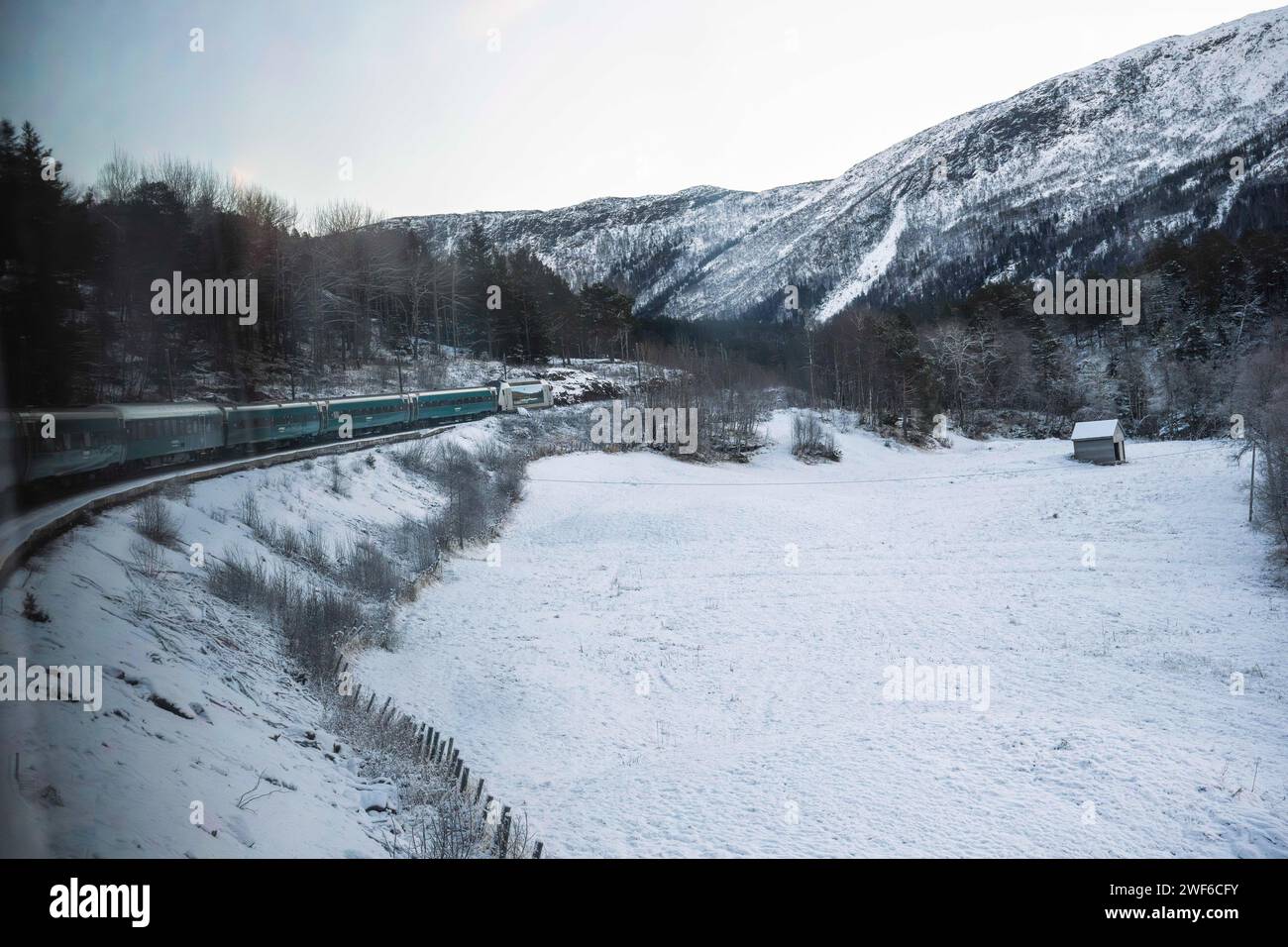 View of the train that covers the Oslo - Bergen route, traveling ...
