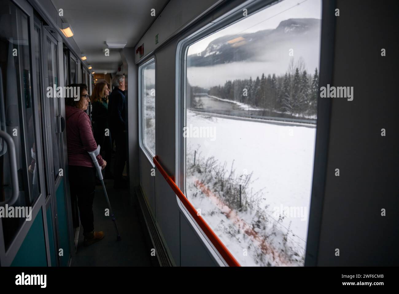 Several people look at the landscape through a panoramic window located ...
