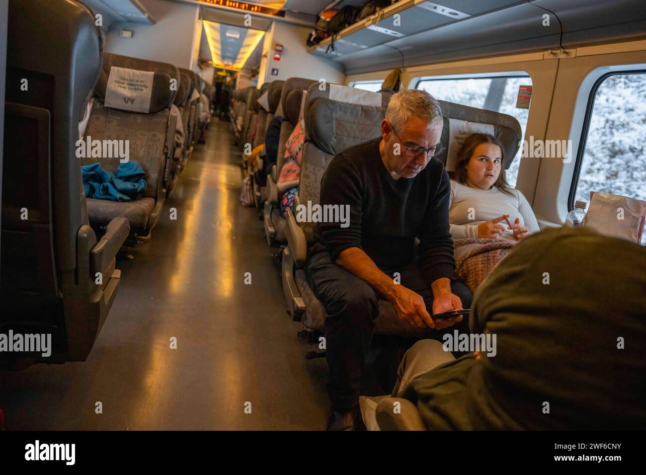 Passengers check their mobile devices or rest during a train journey ...