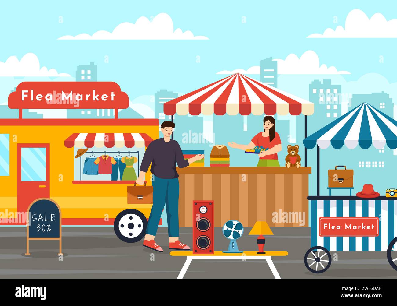 Flea Market Vector Illustration with Second Hand Shop with Shoppers ...