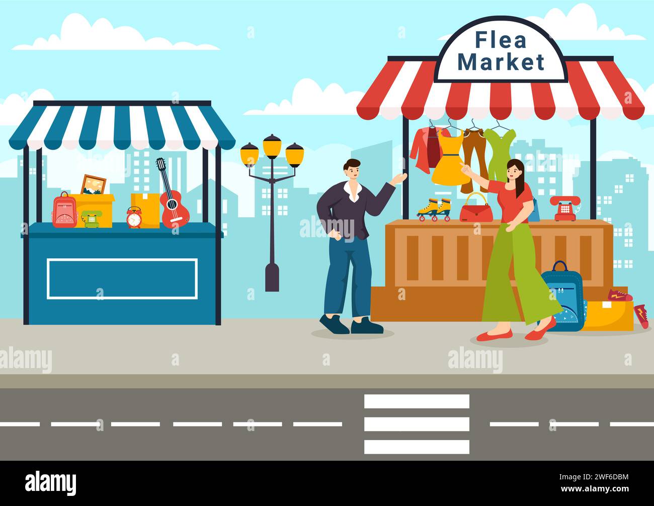 Flea Market Vector Illustration with Second Hand Shop with Shoppers ...