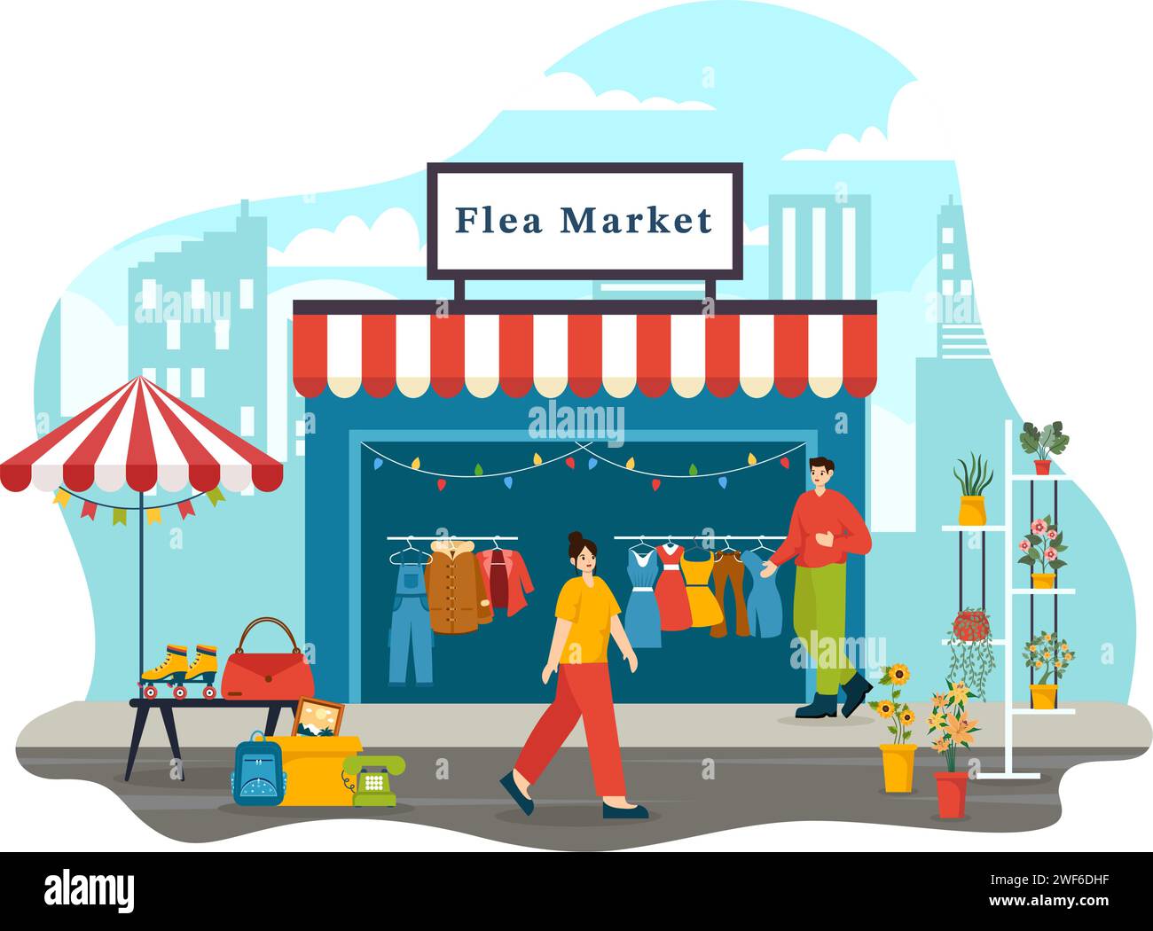 Flea Market Vector Illustration with Second Hand Shop with Shoppers ...