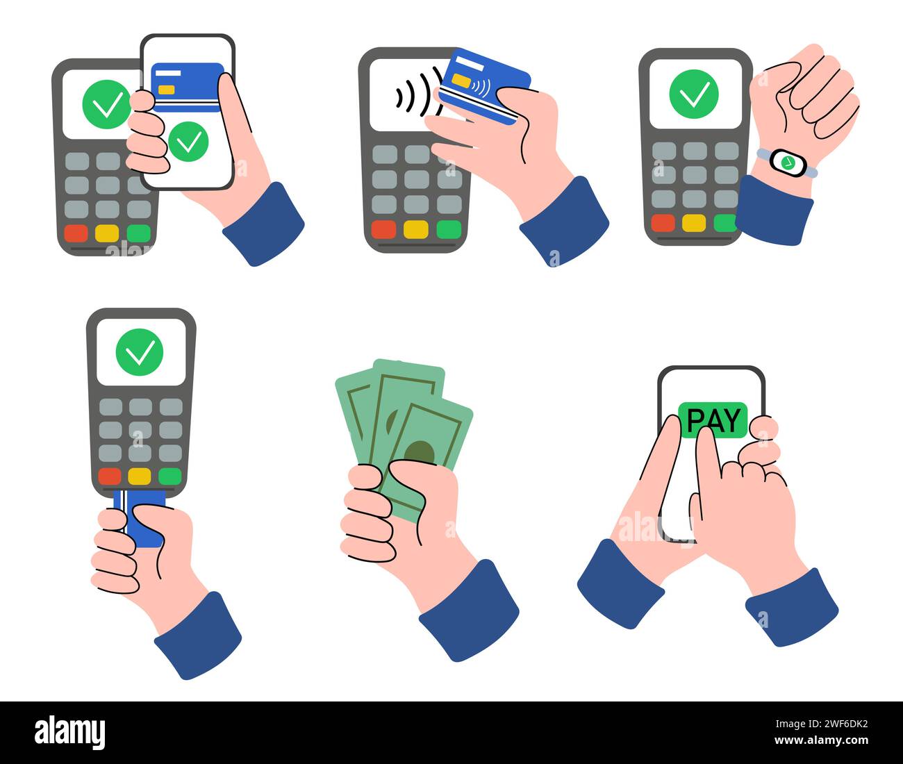 Contactless wireless cashless and contact payment set. Hands paying with bank debit cards, POS ...