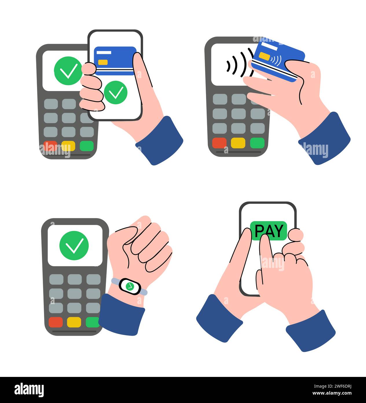 Contactless wireless cashless payment set. Hands paying with bank debit cards, POS terminal ...