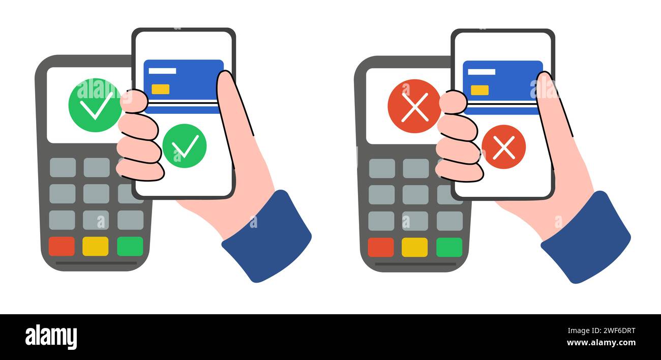 Processing of App Smartphone payment. Accepting and declining payment. POS terminal and hand ...