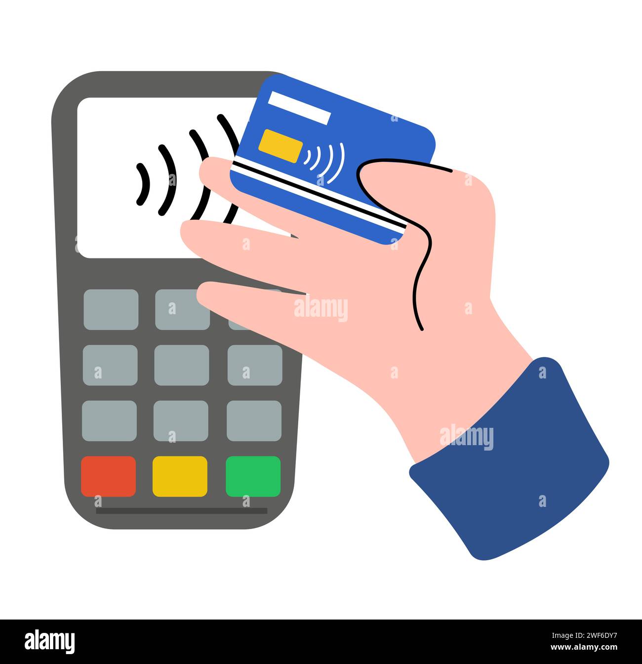 Contactless wireless cashless payment. Hands paying with bank debit ...