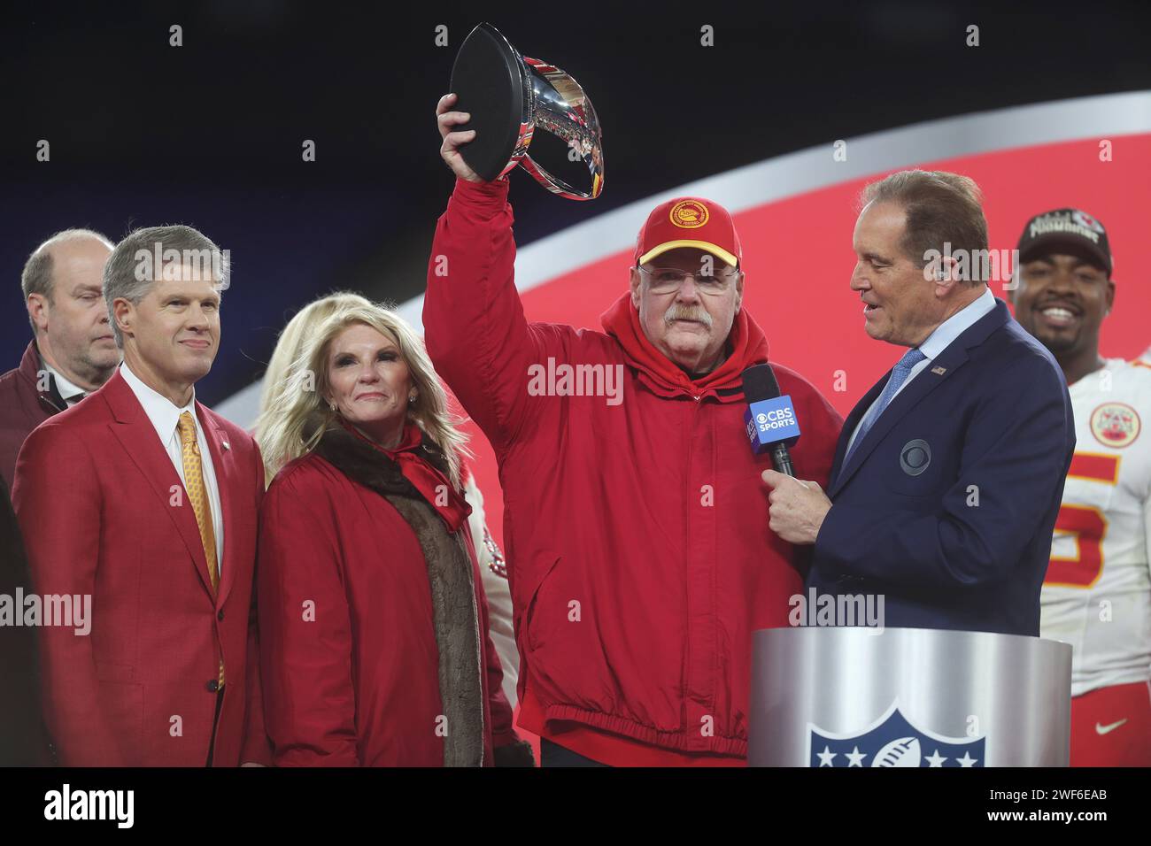 January 28, 2024: Kansas City Chiefs head coach Andy Reid raises the ...