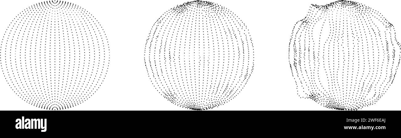 Set of dotted spheres with dissolve effect. Stippled disintegrating ...