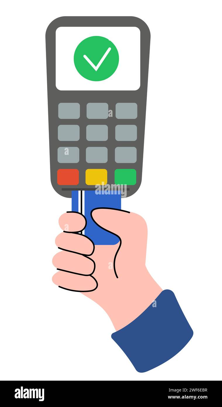 Processing of card payment. POS terminal with hand holding debit or credit cards. Contact ...