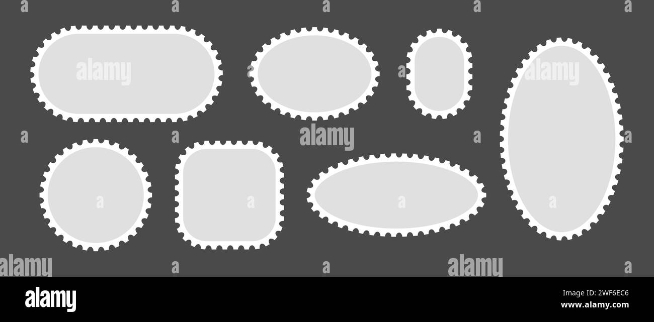 Postage stamp set. Post stamp frame or border. Grey round and oval ...