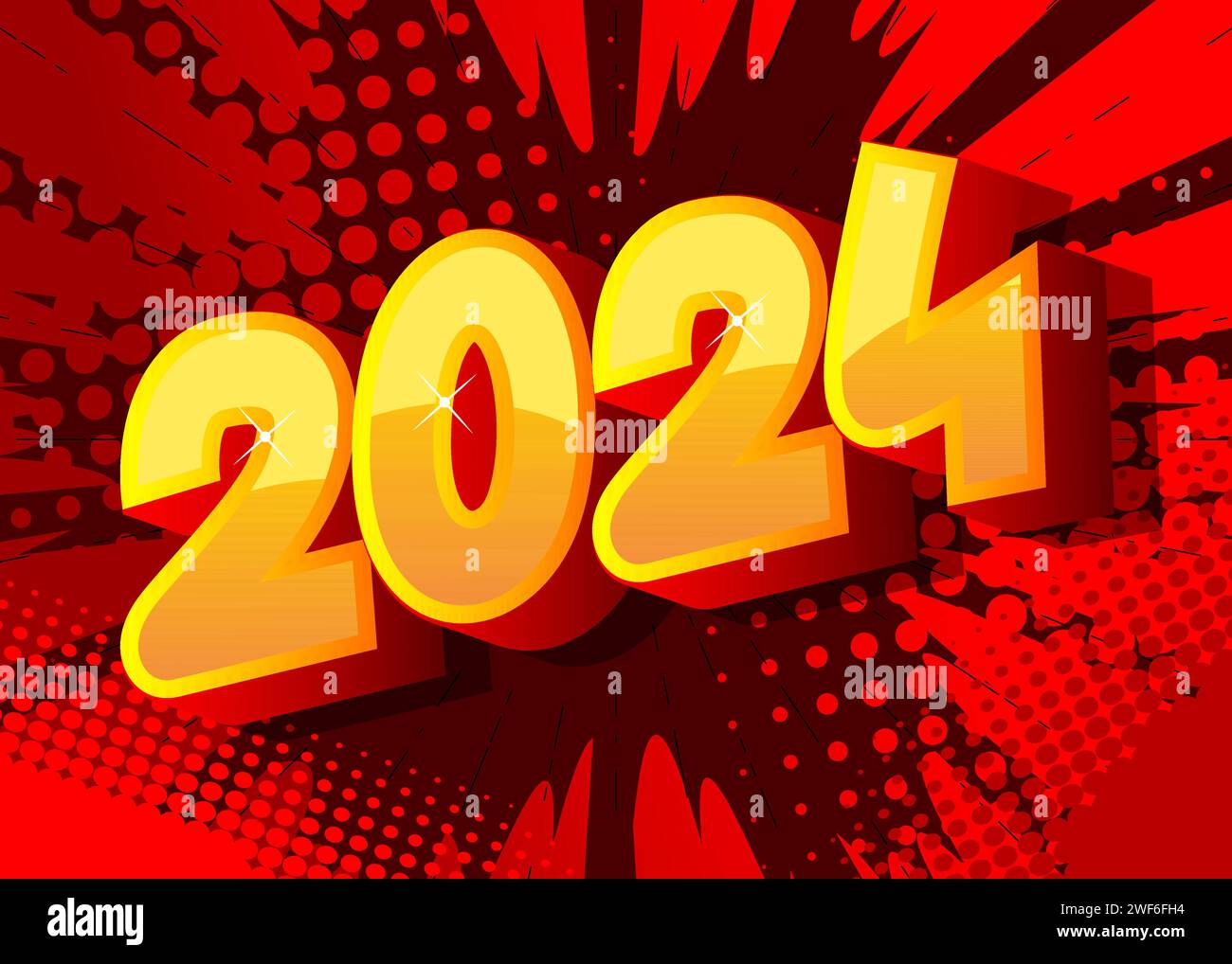 Cartoon 2024 explosion sign, comic book New Year. Retro vector comics ...