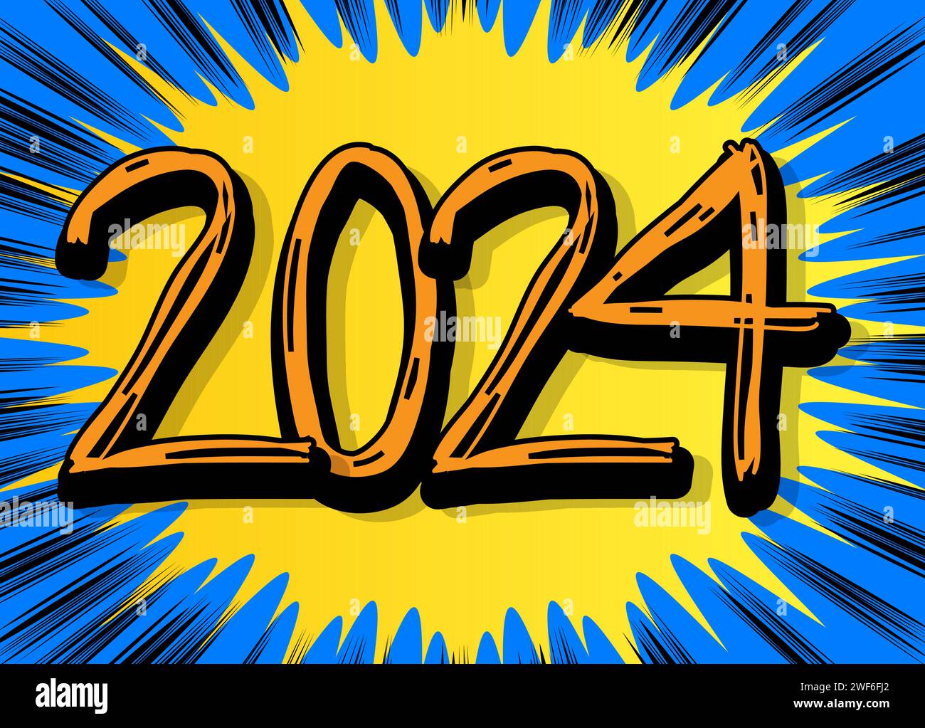 Cartoon 2024 explosion sign, comic book New Year. Retro vector comics ...