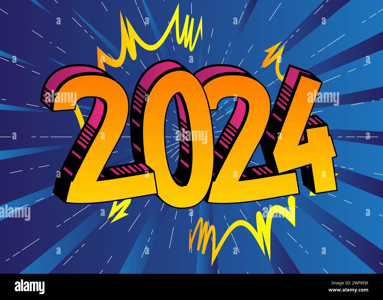 Cartoon 2024 explosion sign, comic book New Year. Retro vector comics ...