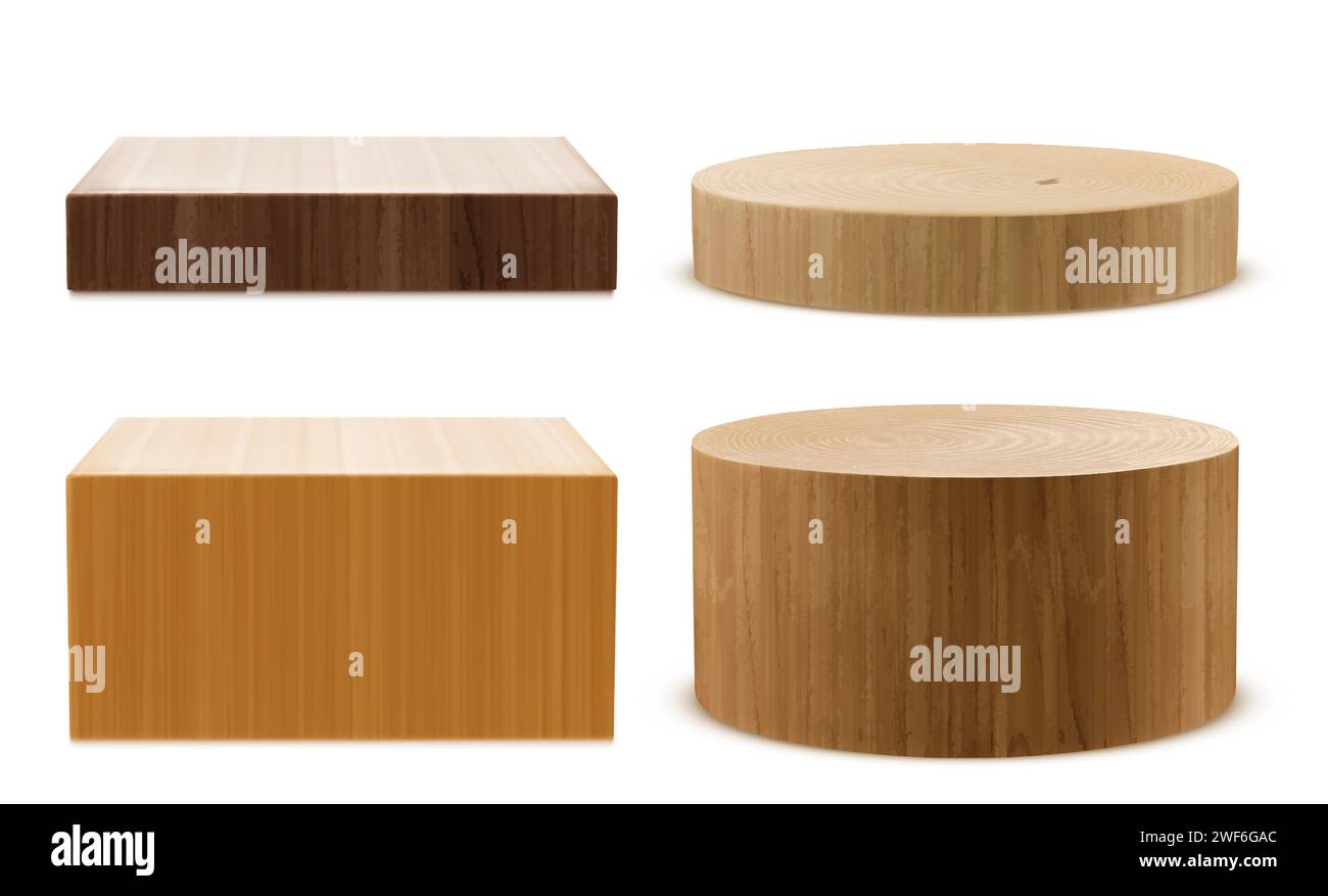 Brown wooden 3d product podium in shape of square and circle. High and small platform with wood ...