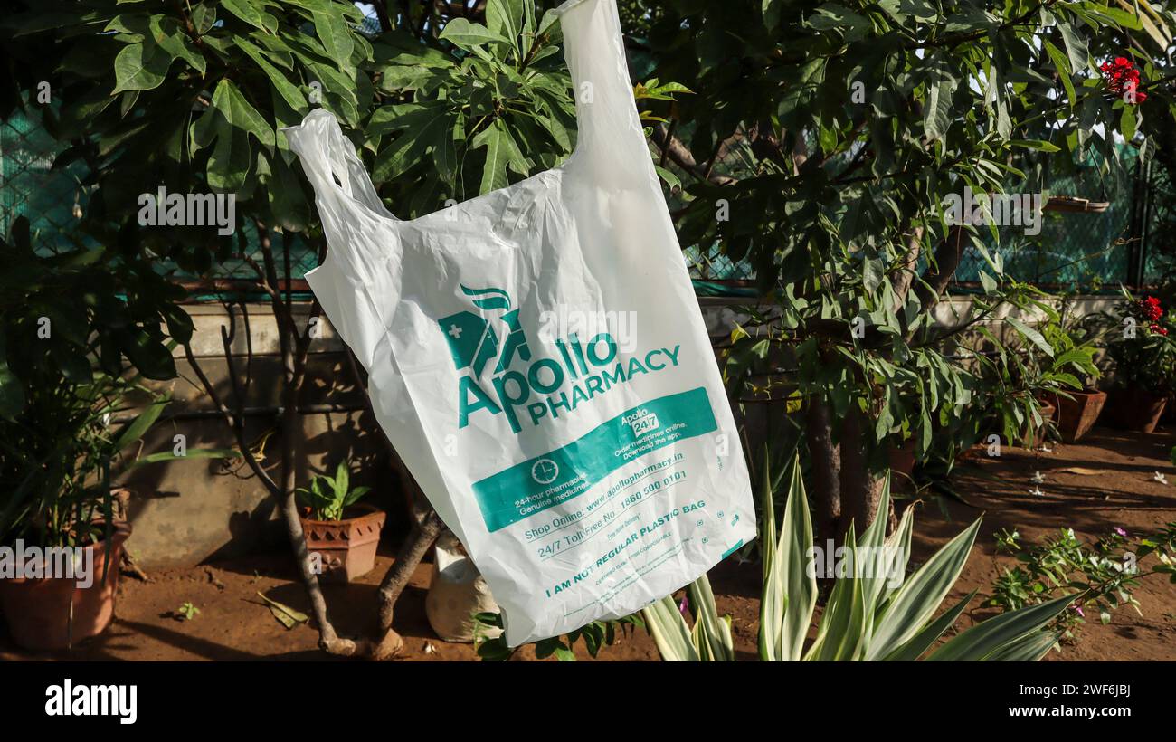 Apollo Pharmacy home delivery bag. Biodegradable Eco Friendly Plastic bag.Compostable thin ...