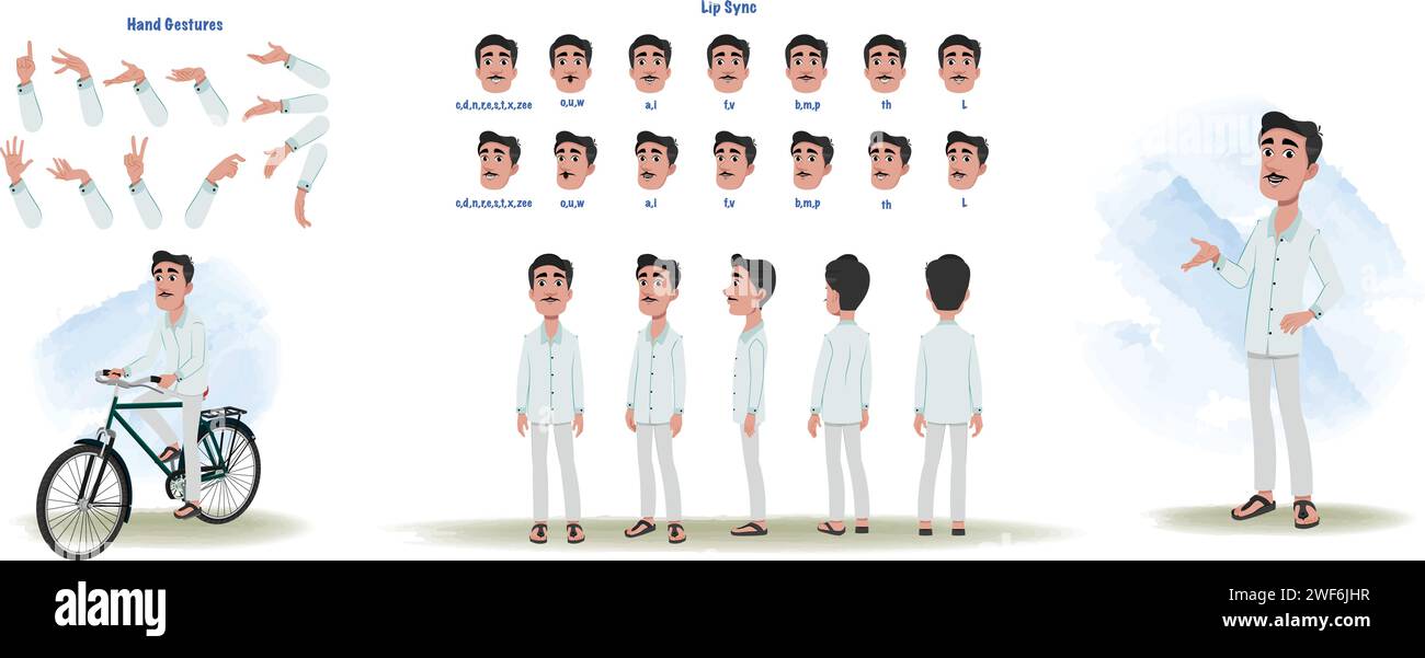 Set of Indian man character design. Character Model sheet. Front, side ...
