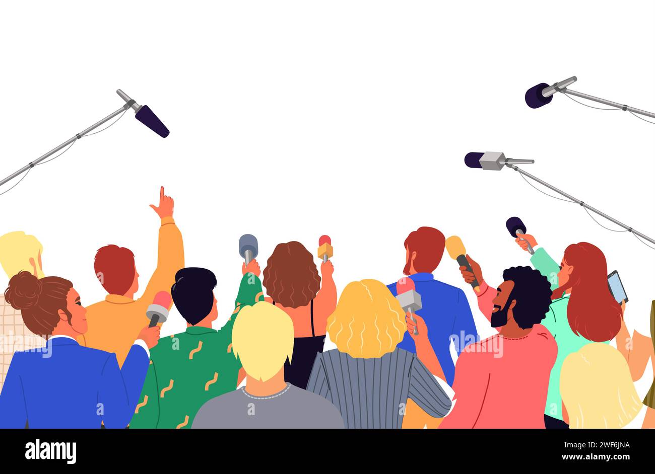 Group of journalist holding microphone participating in conference ...