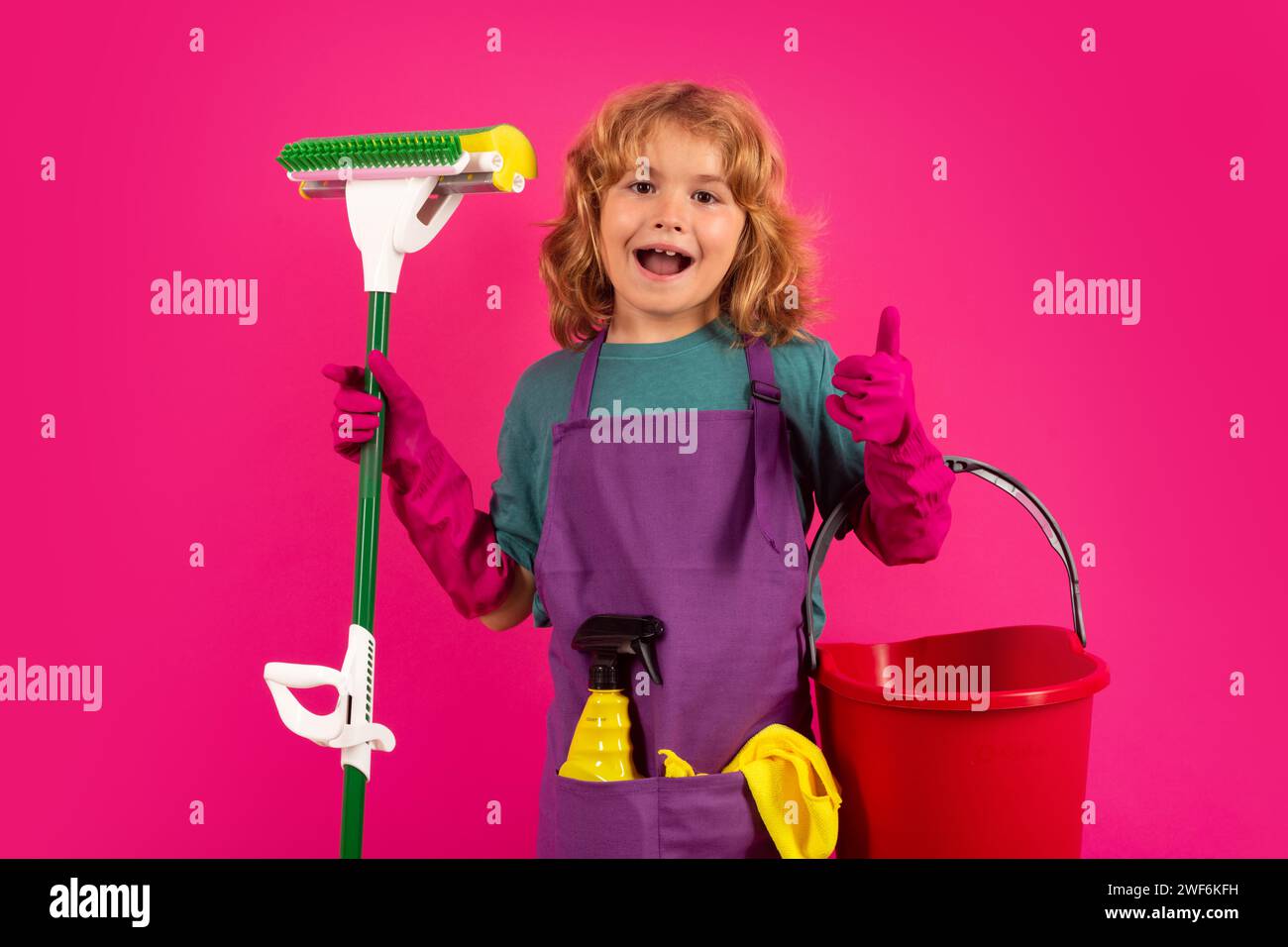 Kid helping with housework, cleaning the house. Cleaning accessory ...