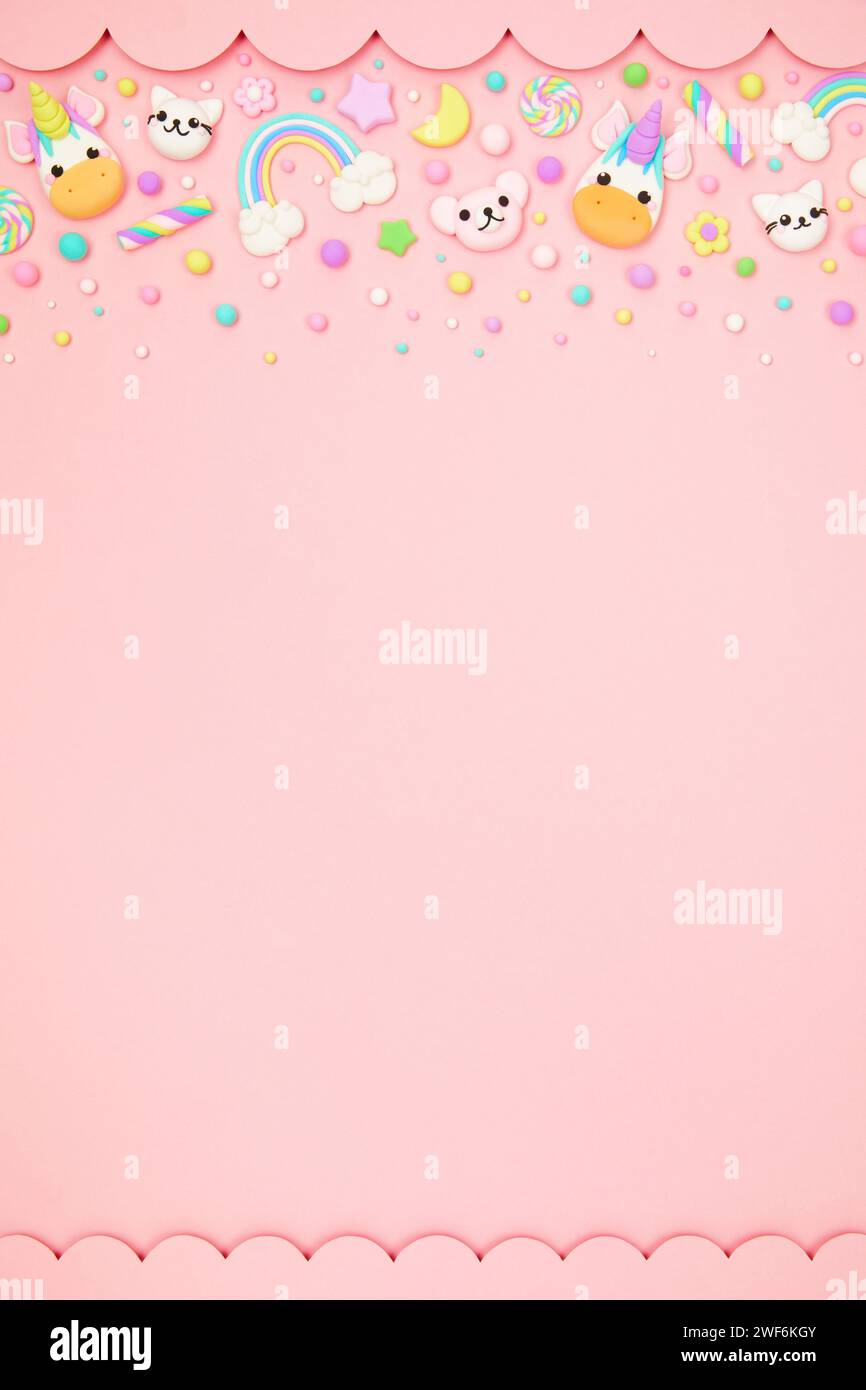 pastel pink kawaii background with cute cartoon animals, unicorns ...