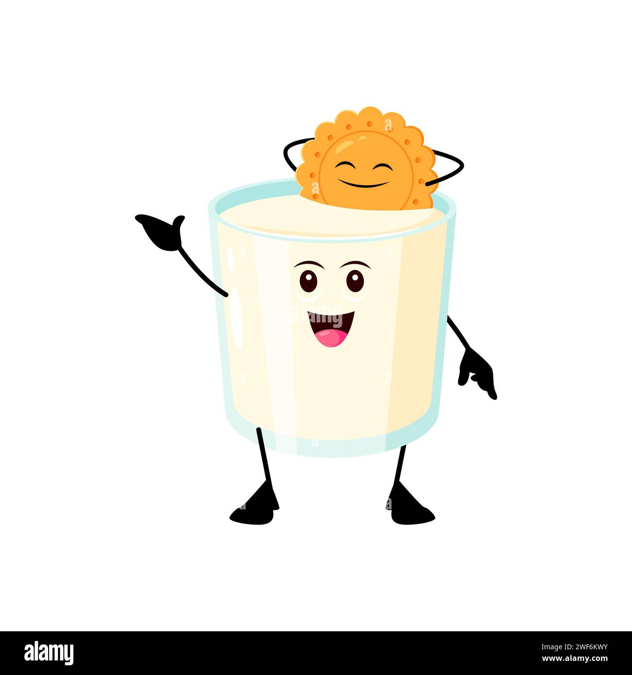 Cartoon cheerful milk glass and cookie breakfast characters with wide ...