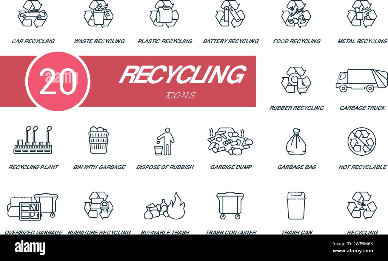 Recycling outline icons set. Creative icons: car recycling, waste ...